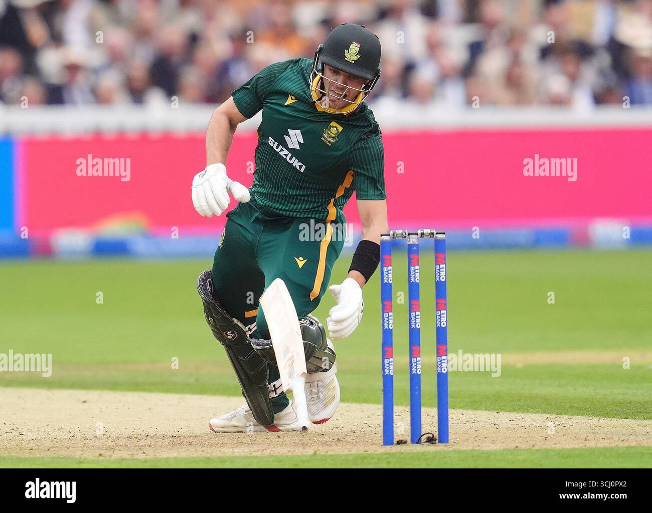 South Africa's Tristan Stubbs loses grip of his bat during the second ...