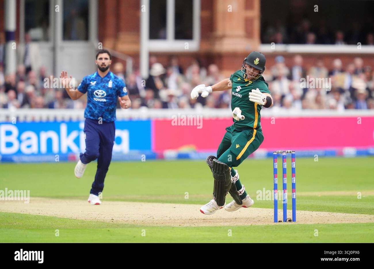 South Africa's Tristan Stubbs loses grip of his bat during the second ...