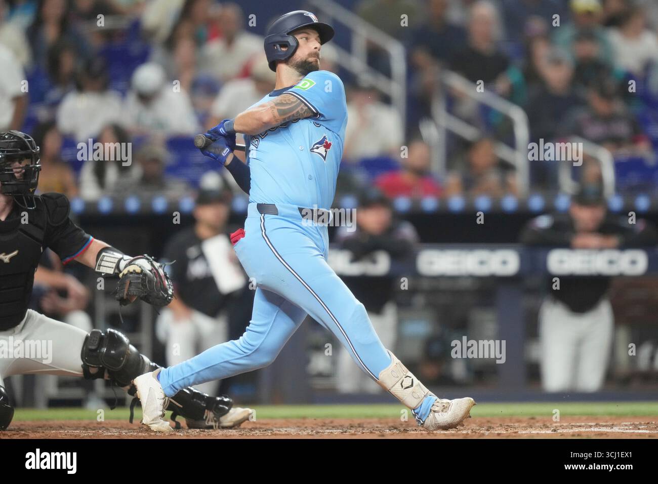 Toronto Blue Jays' Nathan Lukes (38) hits a single inning during a ...