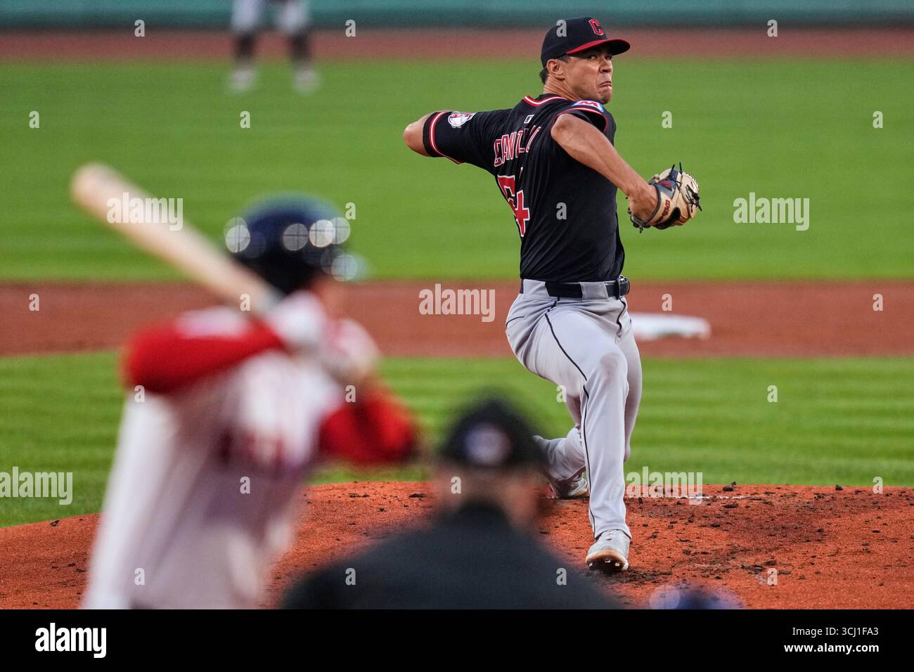 Cleveland Guardians starting pitcher Joey Cantillo during a baseball game at Fenway Park ...