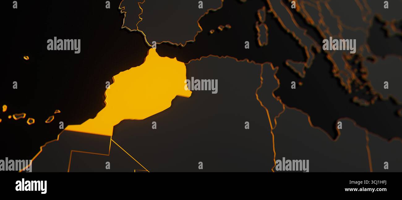 Golden Morocco 3d map surrounded with other countries in black with ...