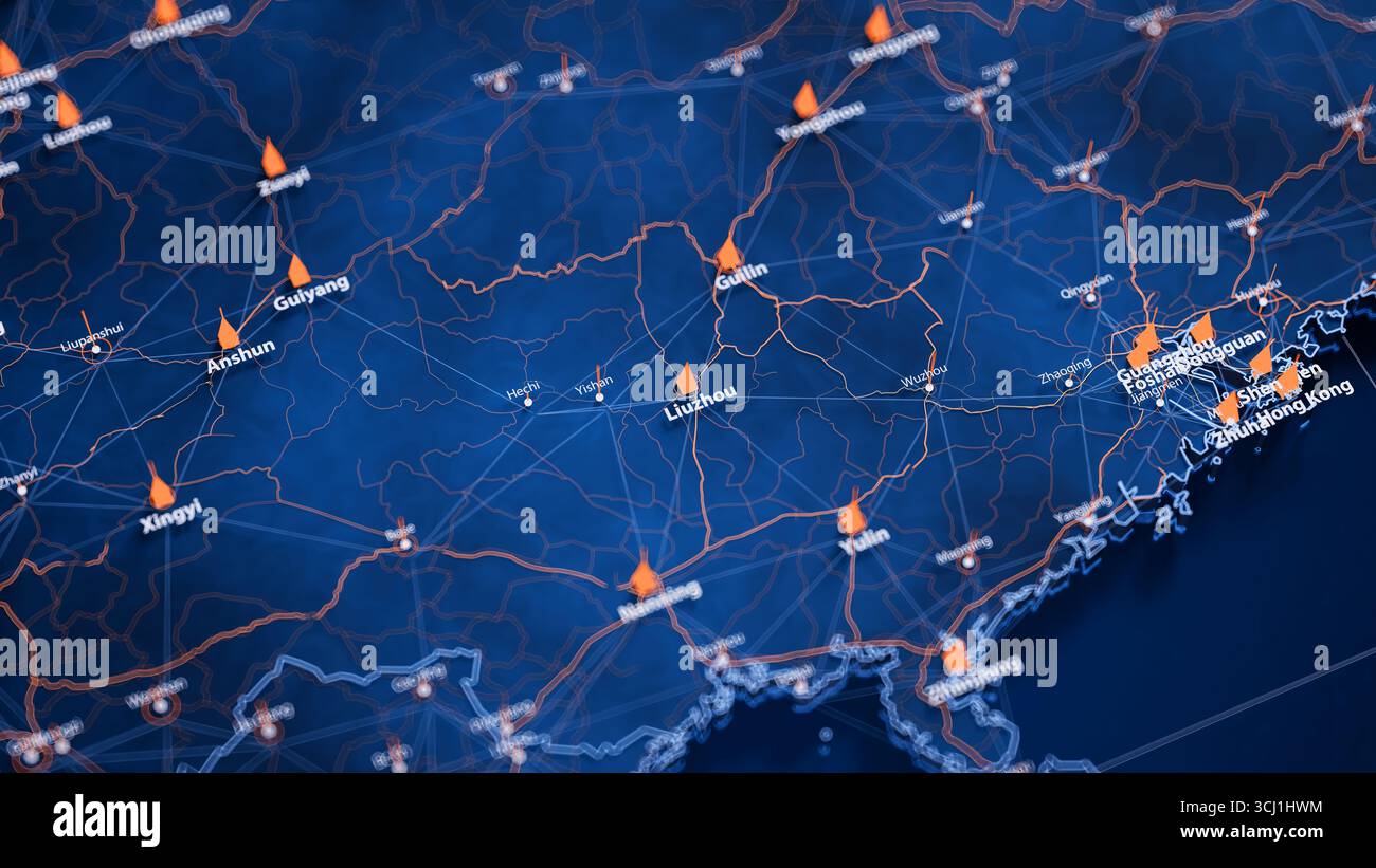 Liuzhou map big data visualization. Futuristic map infographic of city ...