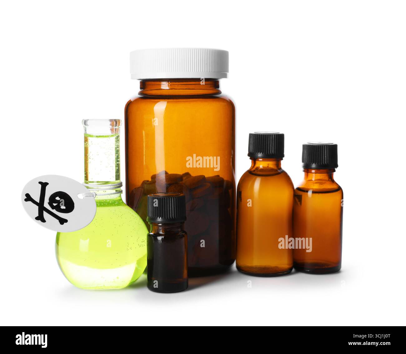 Bottles of poisons with warning sign isolated on white Stock Photo - Alamy