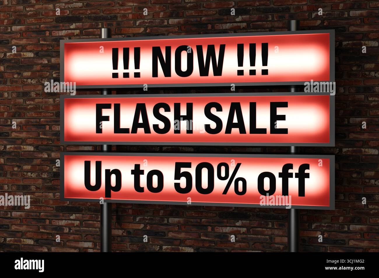 Flash Sale, up to 50% off. Illuminated sign in front of a red brick ...