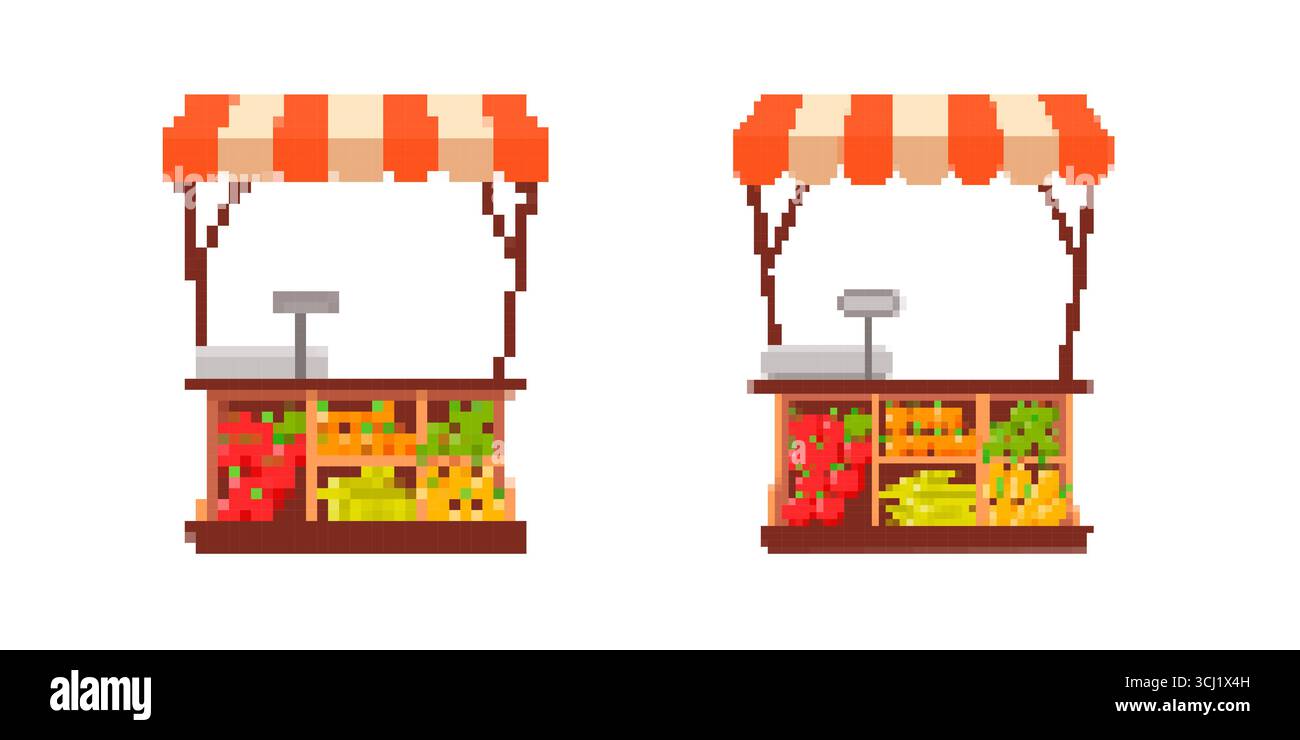 Mosaic pixel art icon of food stall with orange striped canopy and ...