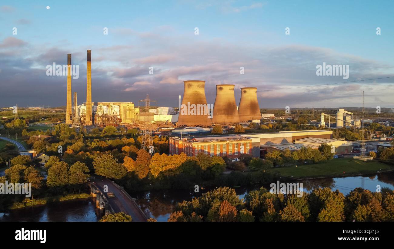 Aerial view of Ferrybridge Power Station with cooling towers and ...