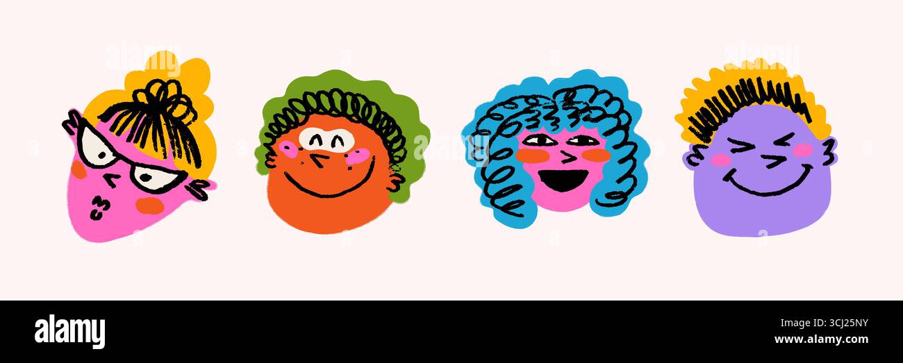 Emoji crayon face doodle set with colorful cartoon heads and playful ...