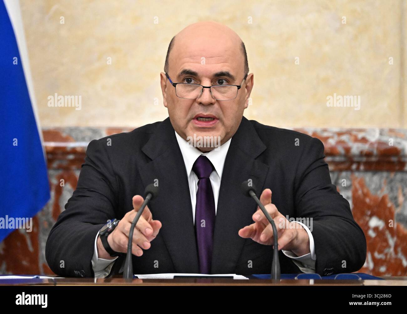 Russian Prime Minister Mikhail Mishustin during the meeting. Credit: Igor Ivanko/Kommersant ...