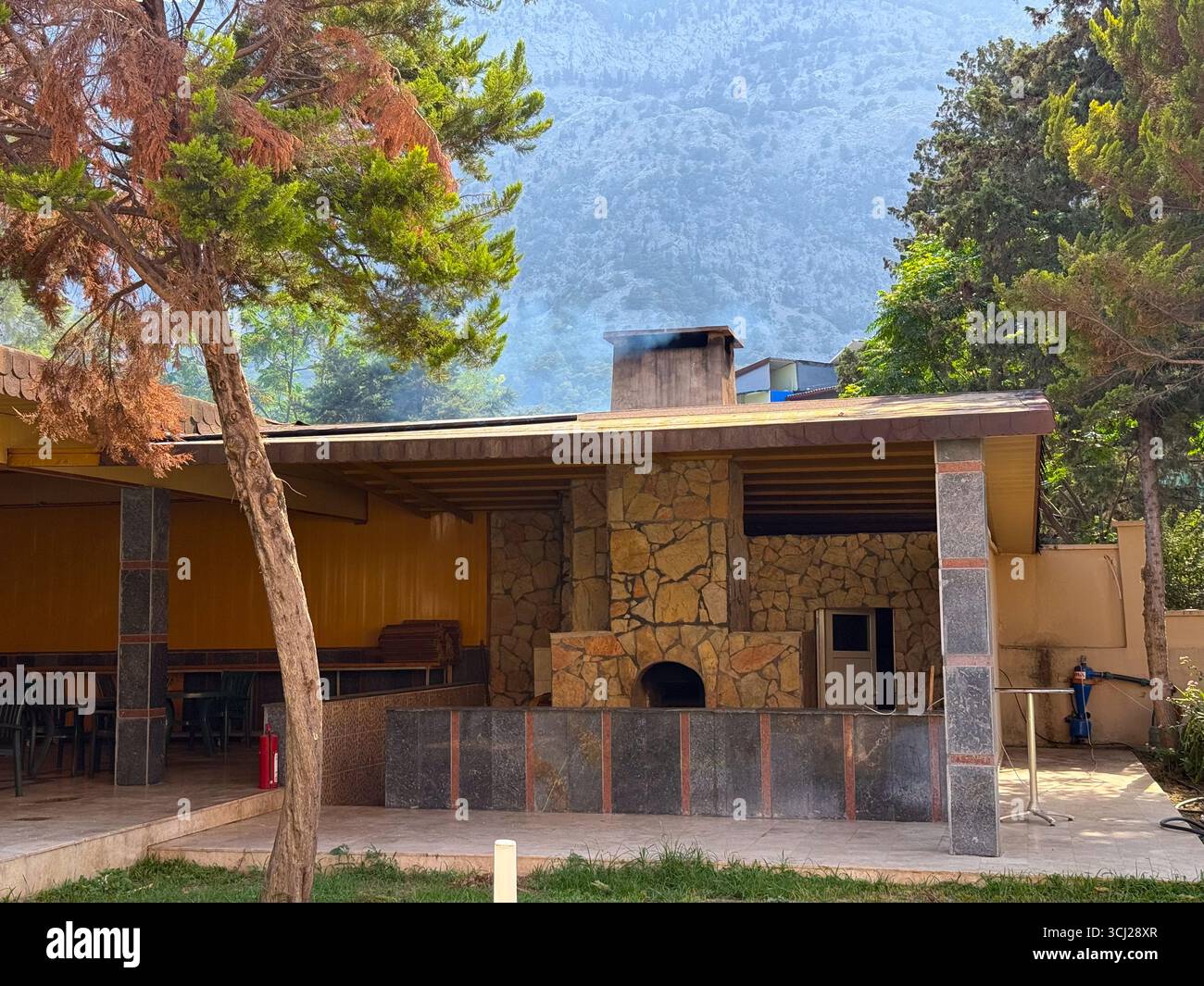 Stone outdoor oven with chimney and terrace area surrounded by trees ...