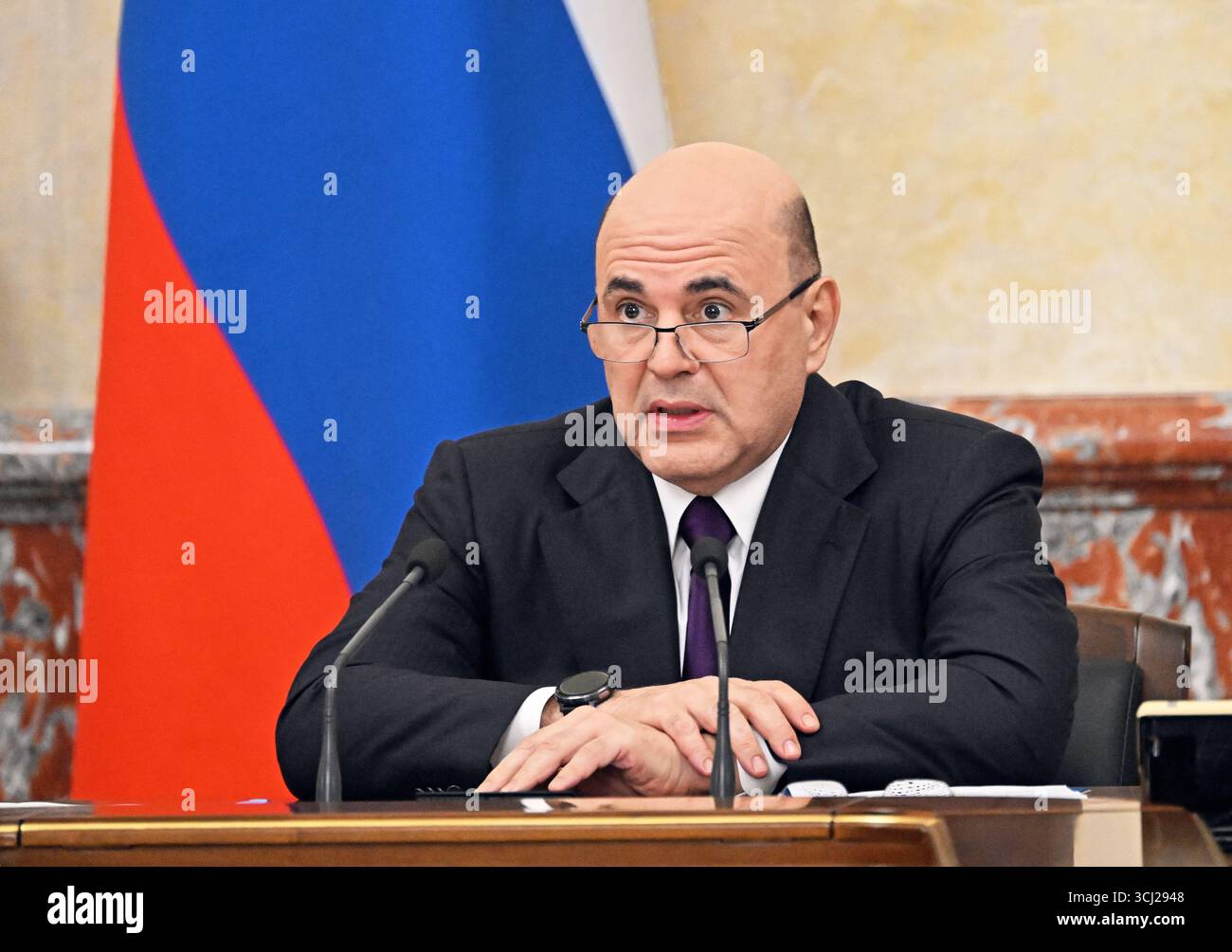Russian Prime Minister Mikhail Mishustin during the meeting. Credit ...