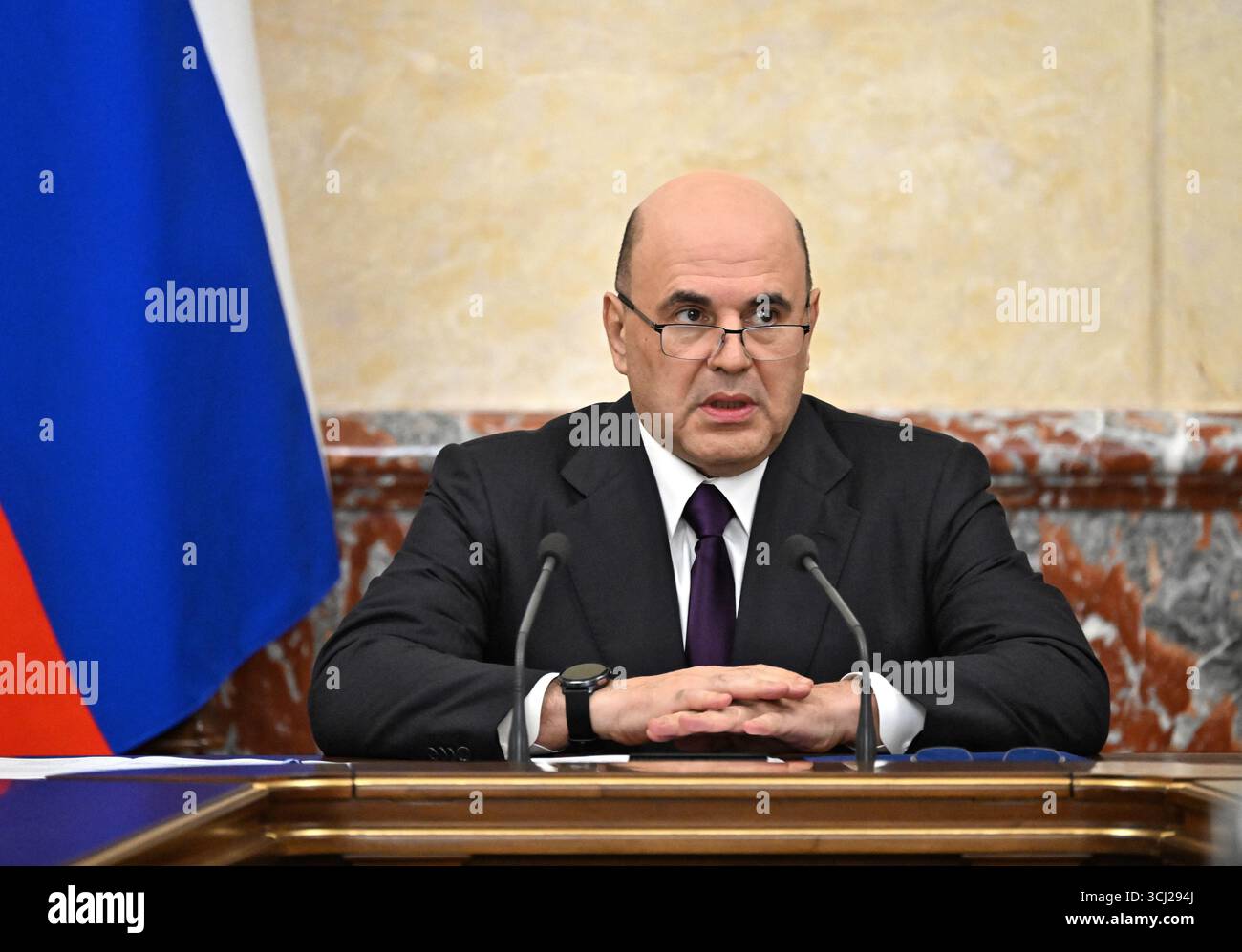 Russian Prime Minister Mikhail Mishustin during the meeting. Credit: Igor Ivanko/Kommersant ...