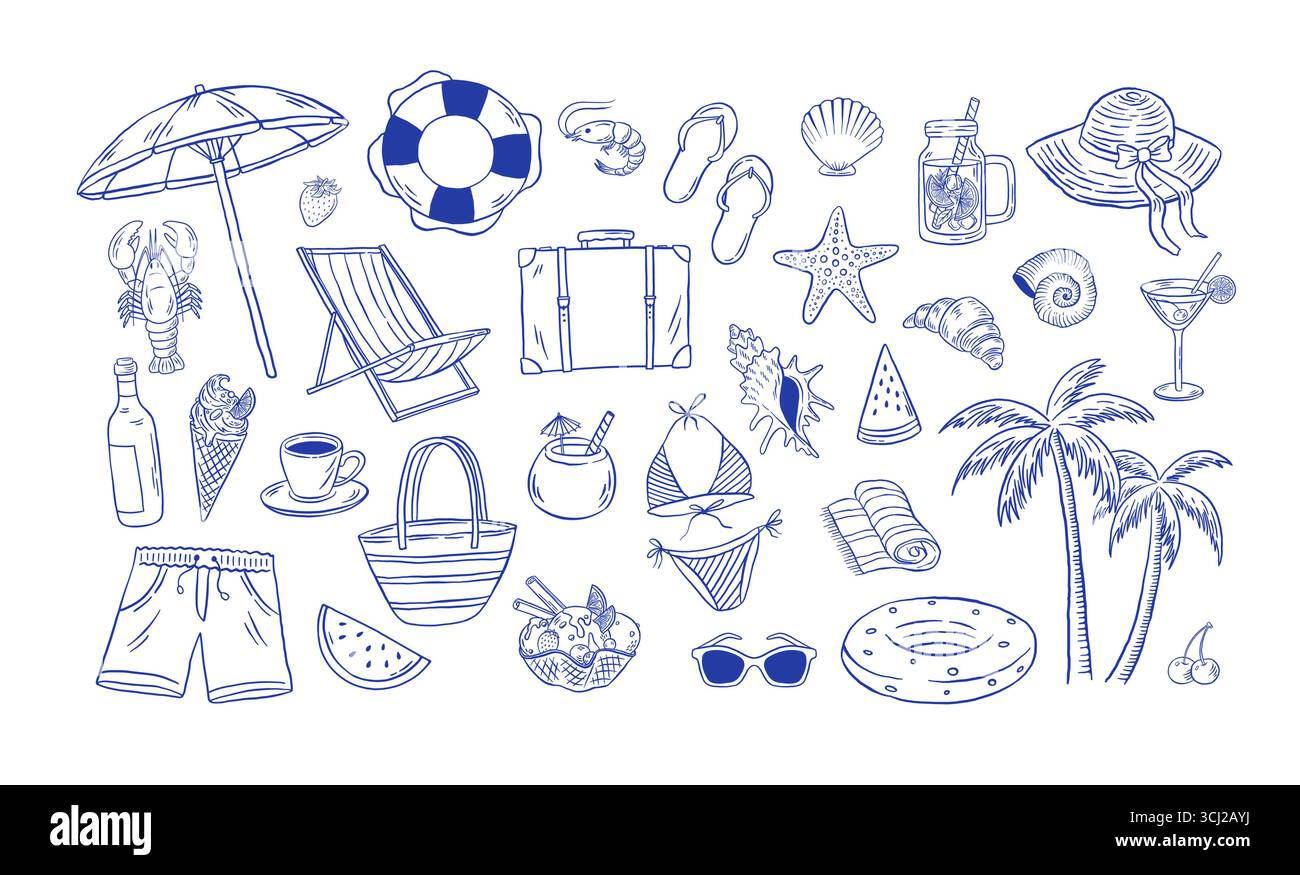 Hand draw mediterranean summer beach illustrations. Vintage Italian ...