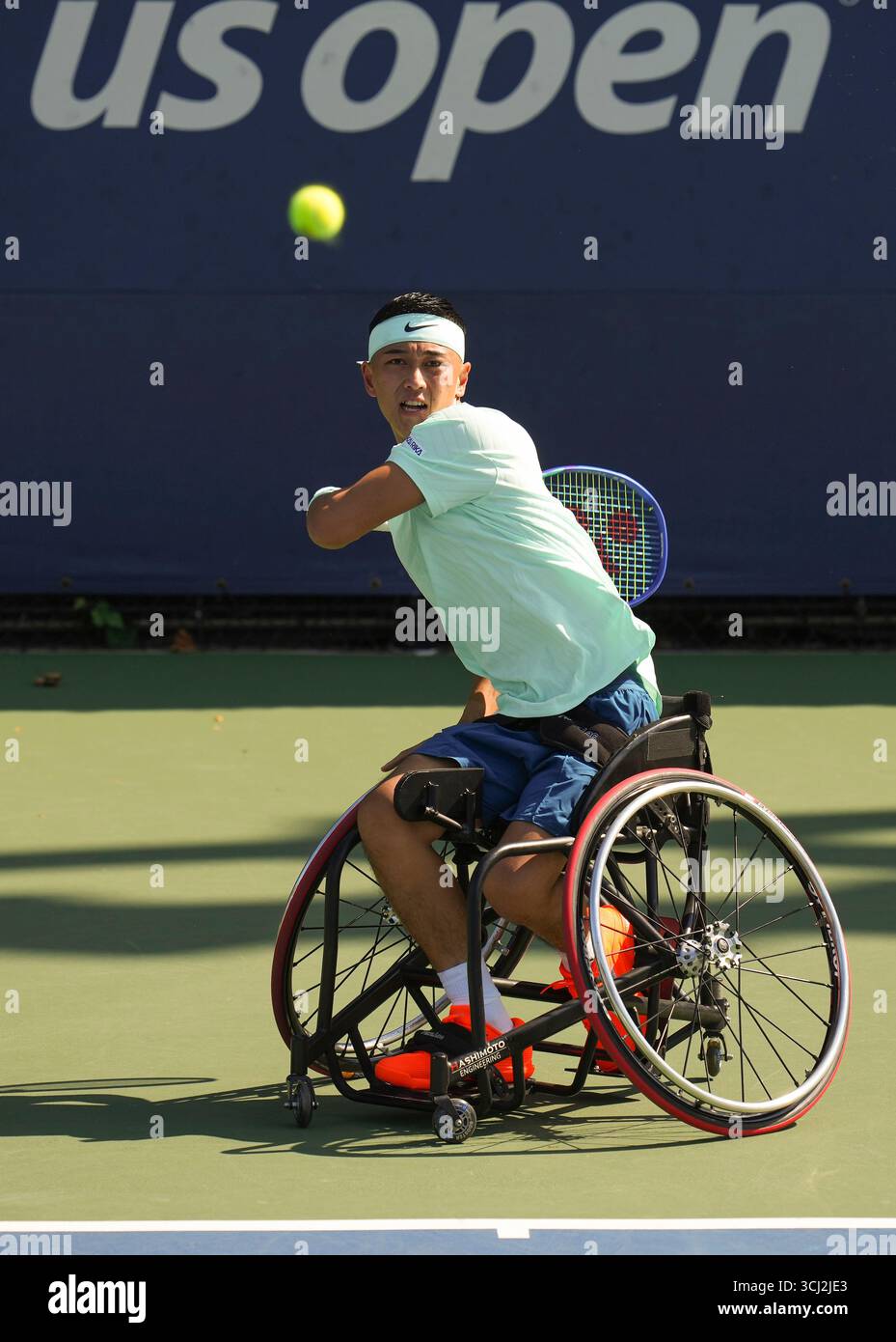 Tokito Oda, of Japan, returns a shot to Sergei Lysov, of Israel, during the second round of the ...