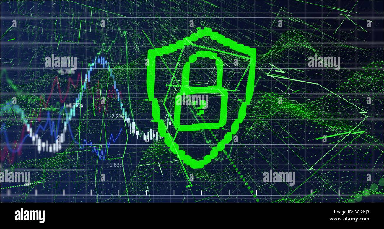 Displaying pixelated green shield with padlock securing interface at data dashboard, with charts ...