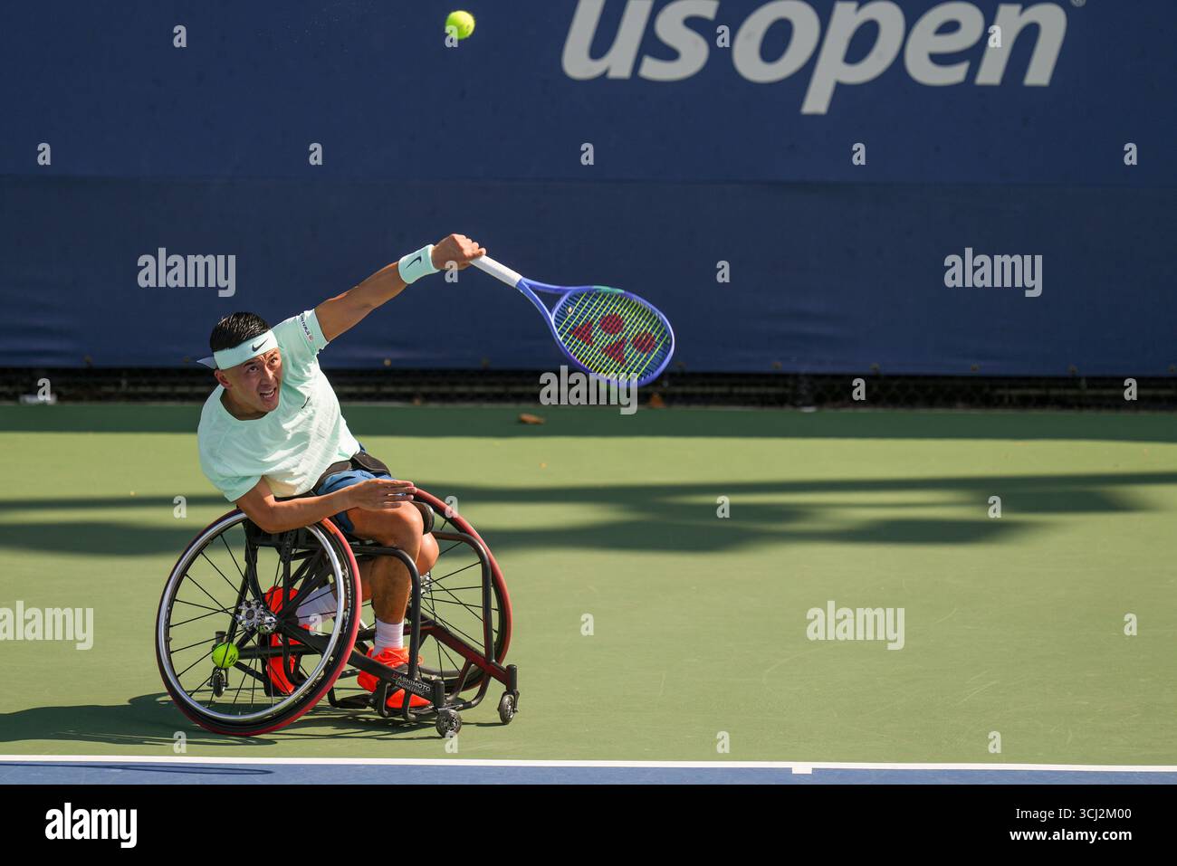 Tokito Oda, of Japan, serves to Sergei Lysov, of Israel, during the second round of the ...