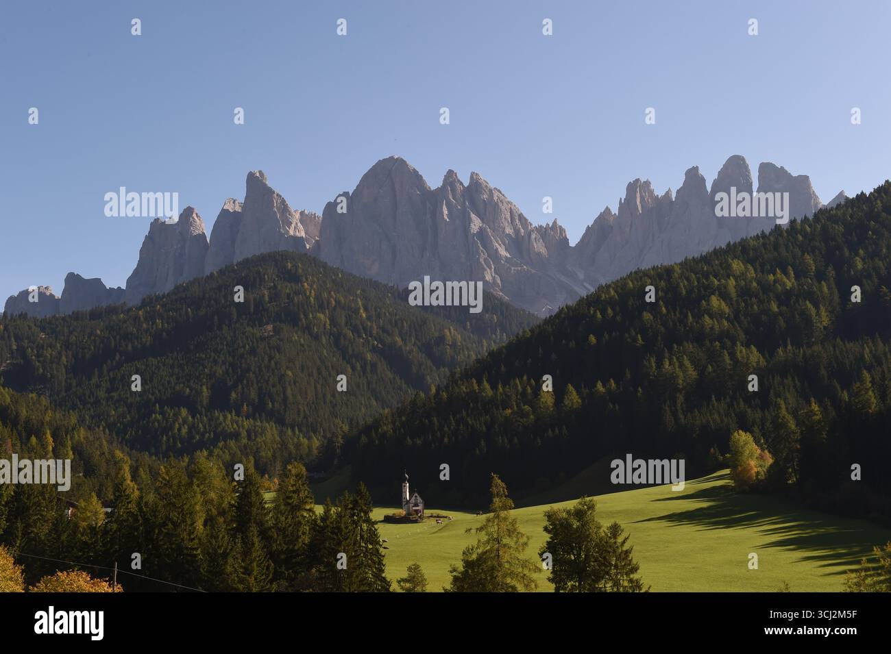 The charming church of San Giovanni in Ranui in the Funes Valley, South ...