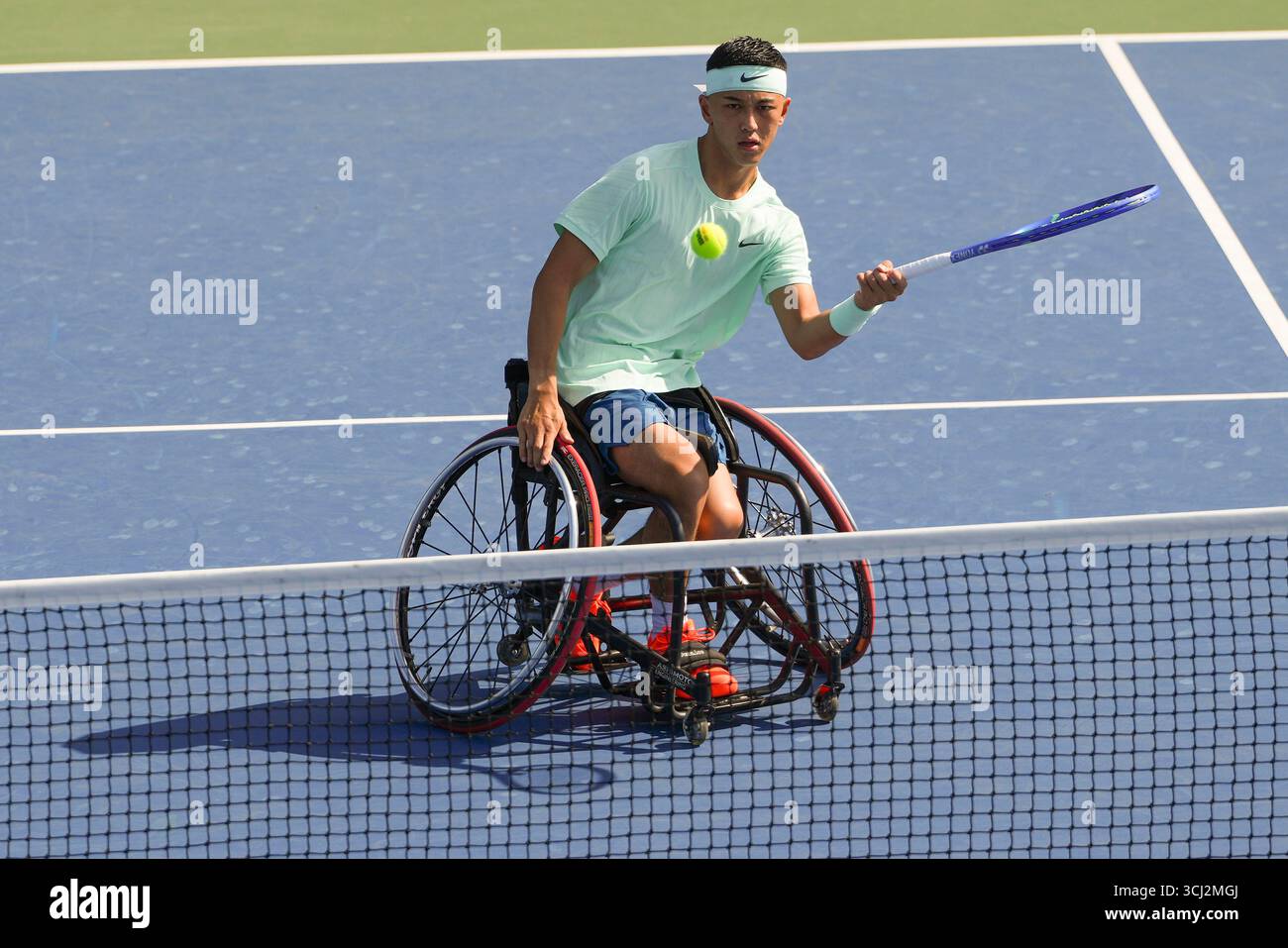 Tokito Oda, of Japan, returns a shot to Sergei Lysov, of Israel, during the second round of the ...
