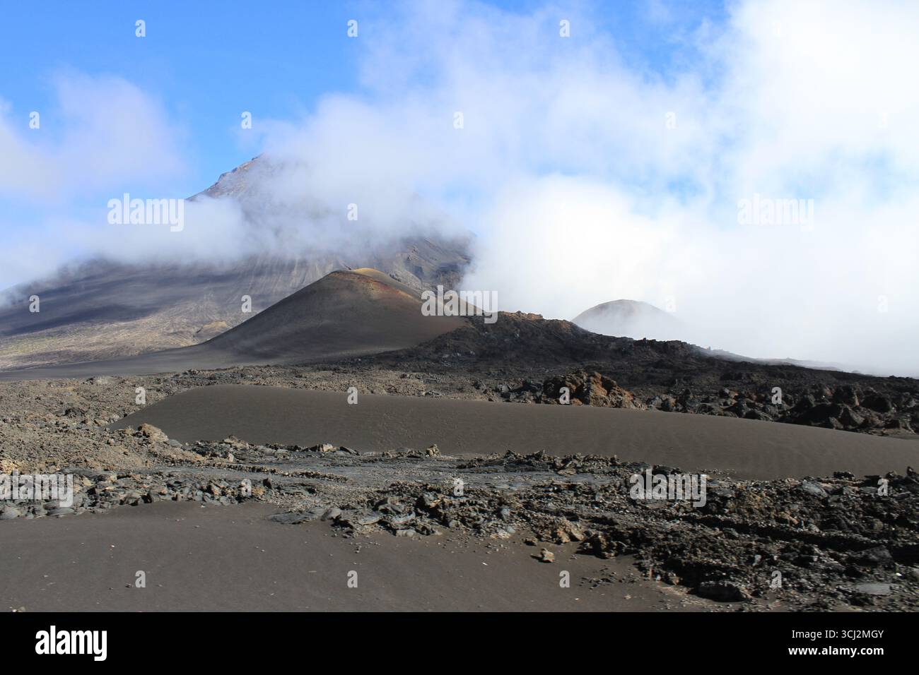 Fogo Volcano (Pico do Fogo) with volcanic landscape and clouds, Fogo ...