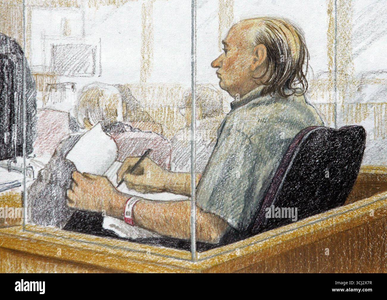 An artist's sketch shows accused serial killer Robert Pickton taking ...