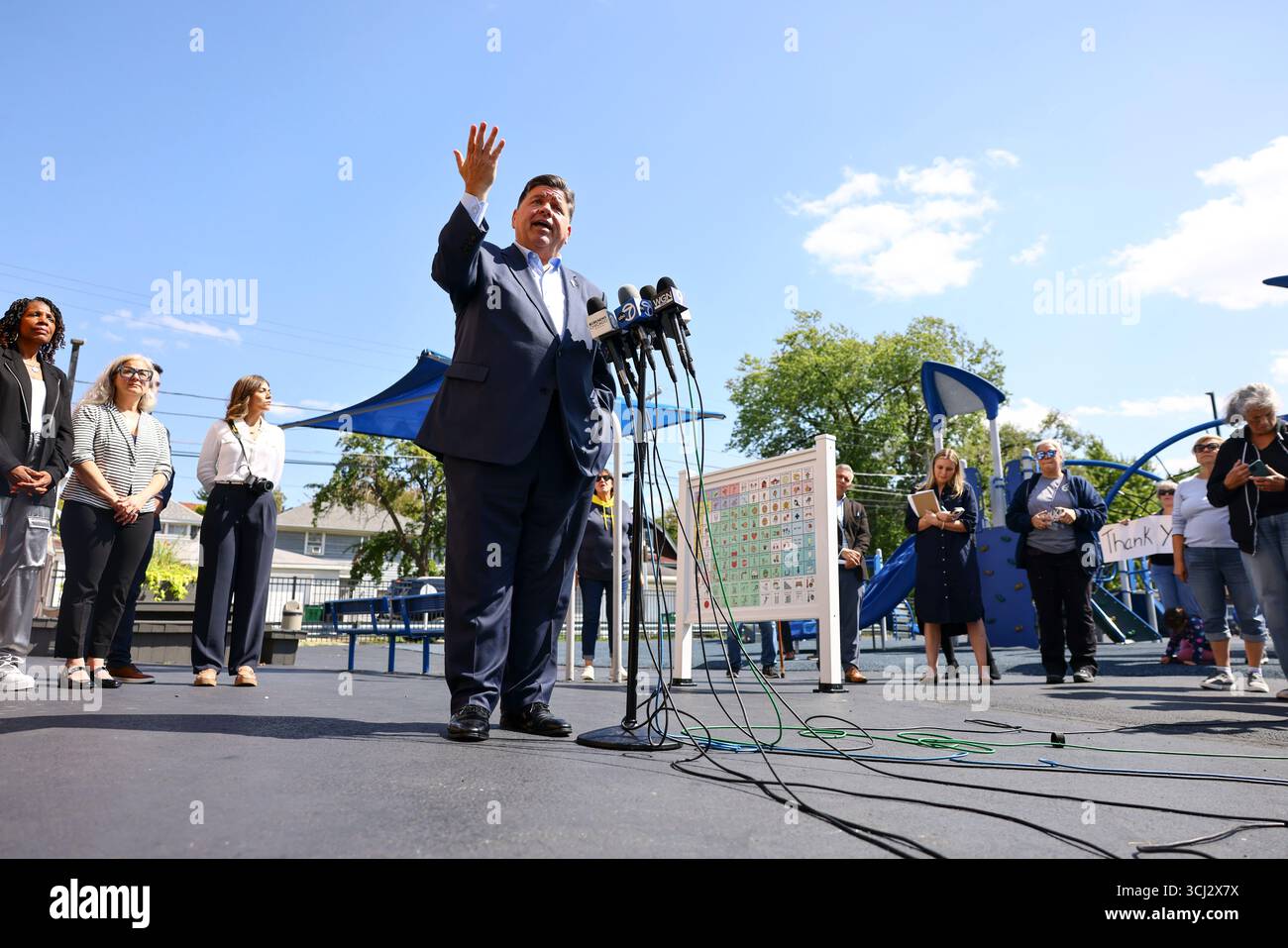 Gov. JB Pritzker speaks with reporters after visiting Prairie Oak ...