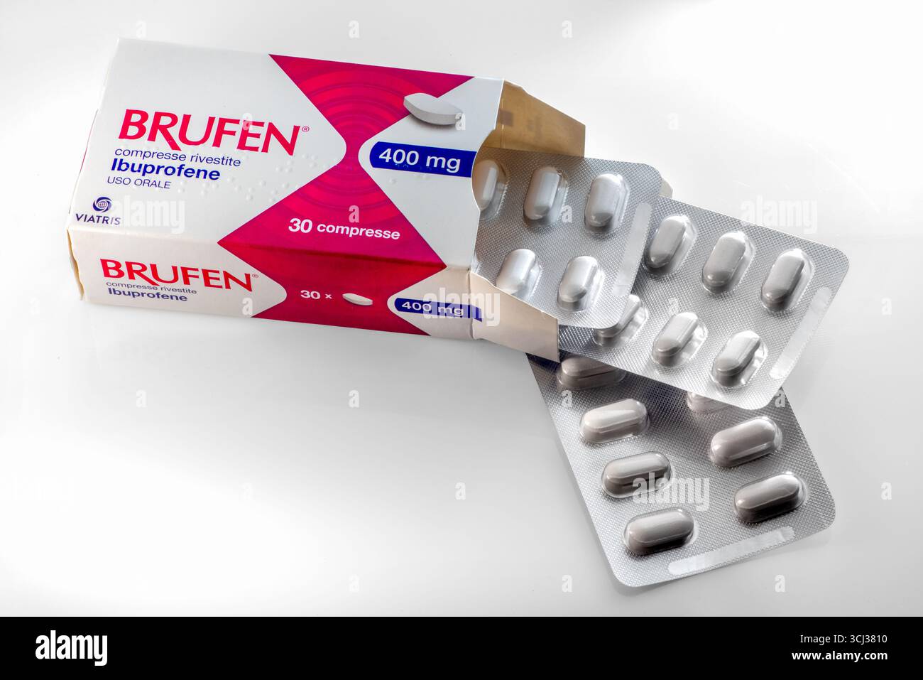 Italy - September 4, 2025: Brufen ibuprofen package with coated tablets ...