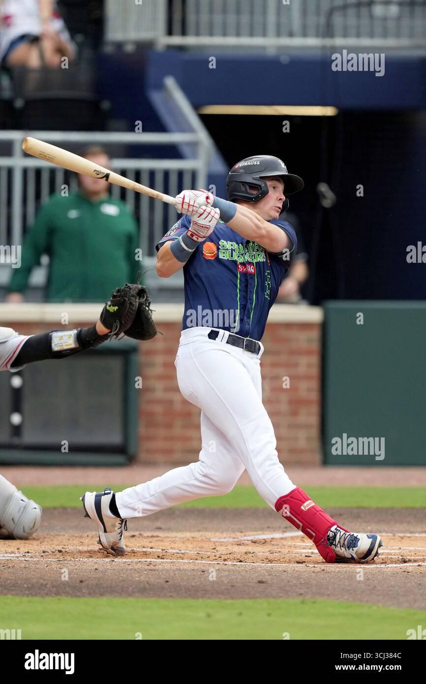 Dylan Dreiling (8) of the Hub City Spartanburgers at bat in a South ...