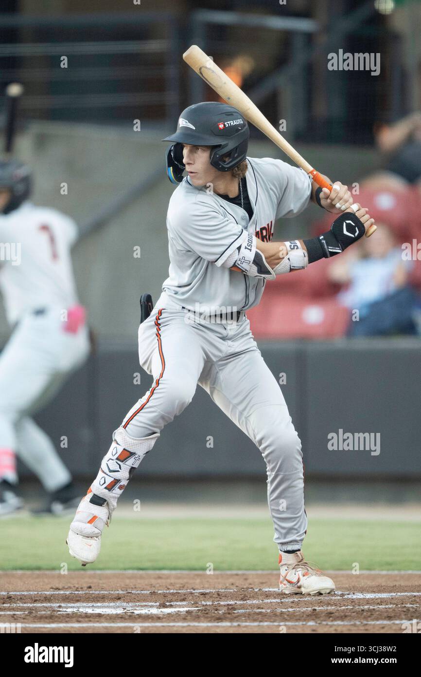 Brayden Smith (14) of the Delmarva Shorebirds at bat during a Carolina ...
