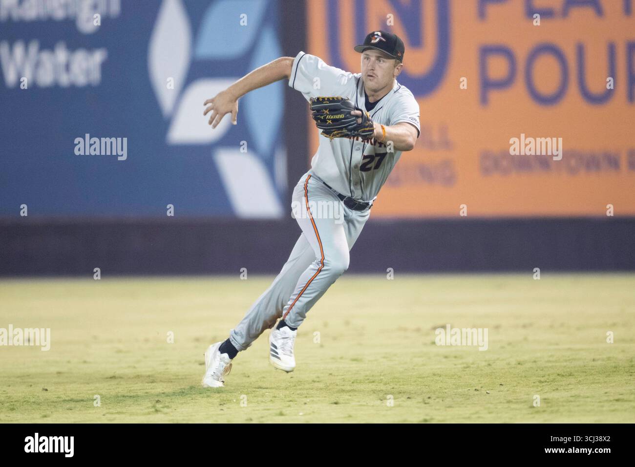 Right fielder Ike Irish (27) of the Delmarva Shorebirds on defense ...