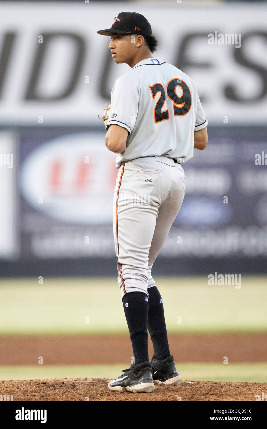 Pitcher Adrian Delgado (29) of the Delmarva Shorebirds looks to his ...