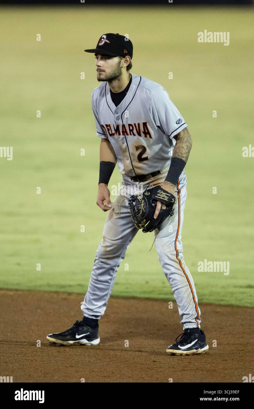 Second baseman Cobb Hightower (2) of the Delmarva Shorebirds on defense ...