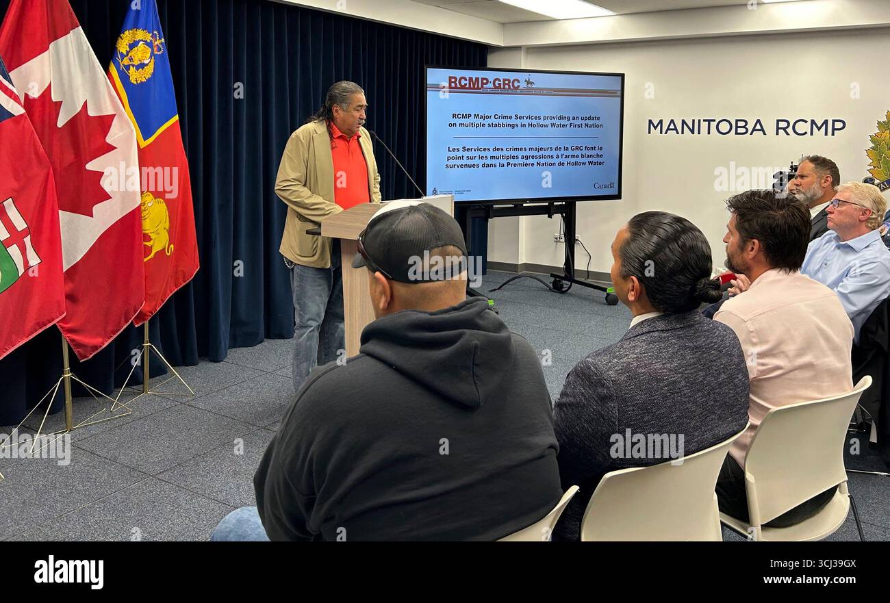 Hollow Water First Nation Chief Larry Barker speaks during a news ...