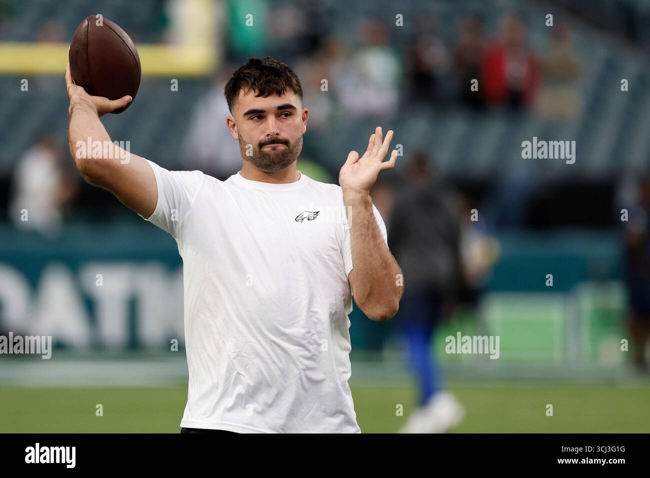 Philadelphia Eagles quarterback Sam Howell throws during pre-game warm-ups before an NFL ...