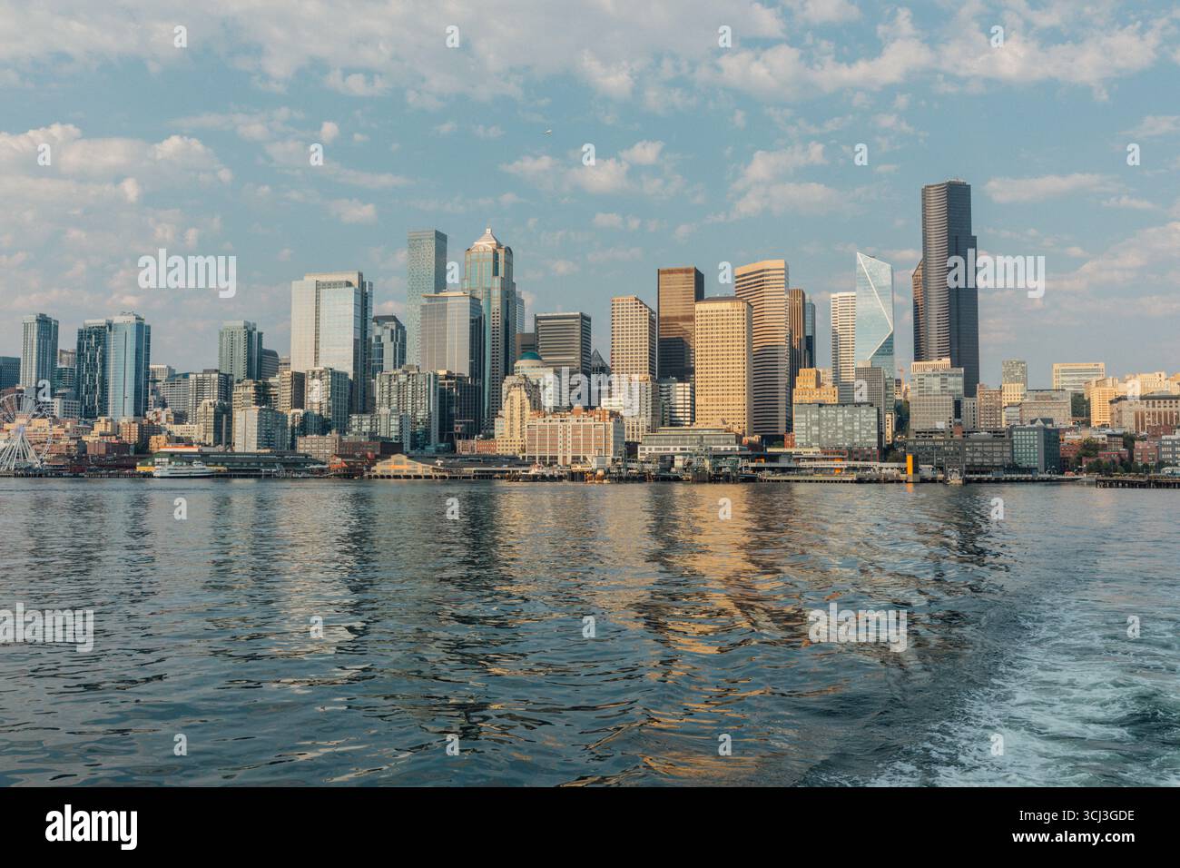 downtown Seattle waterfront view from water, Puget Sound Stock Photo ...