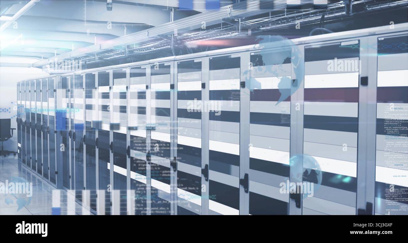 Extending row of server cabinets filling data center aisle, with ...