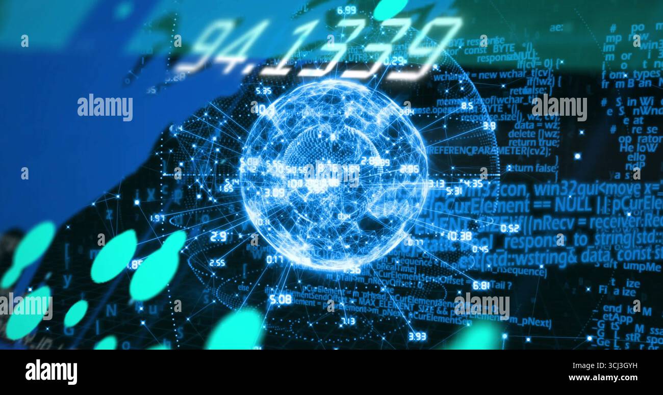 Glowing wireframe globe rotating in 3D dashboard, with numeric labels ...