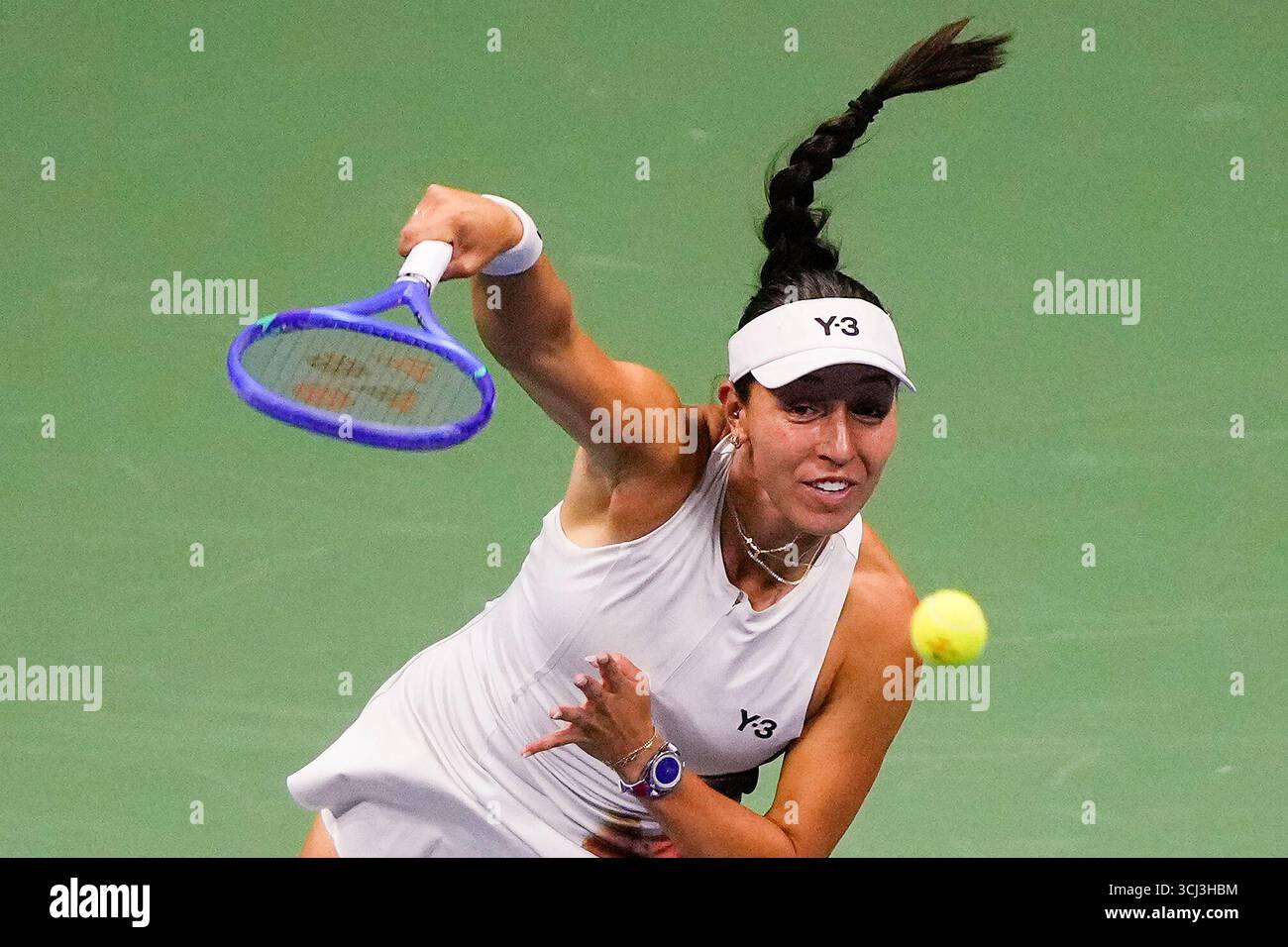 Jessica Pegula, of the United States, serves to Aryna Sabalenka, of ...