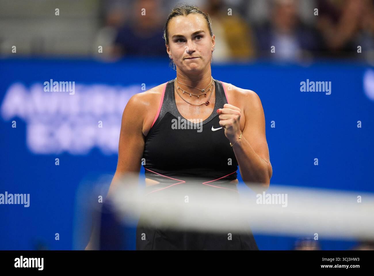 Aryna Sabalenka, of Belarus, reacts after winning a point against ...