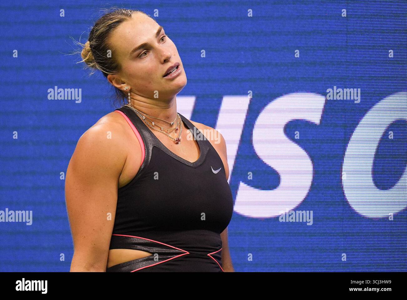 Aryna Sabalenka, of Belarus, reacts after losing a point to Jessica ...
