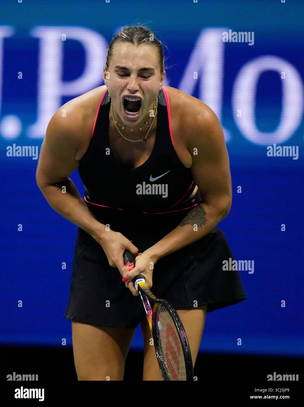 Aryna Sabalenka, of Belarus, reacts against Jessica Pegula, of the ...