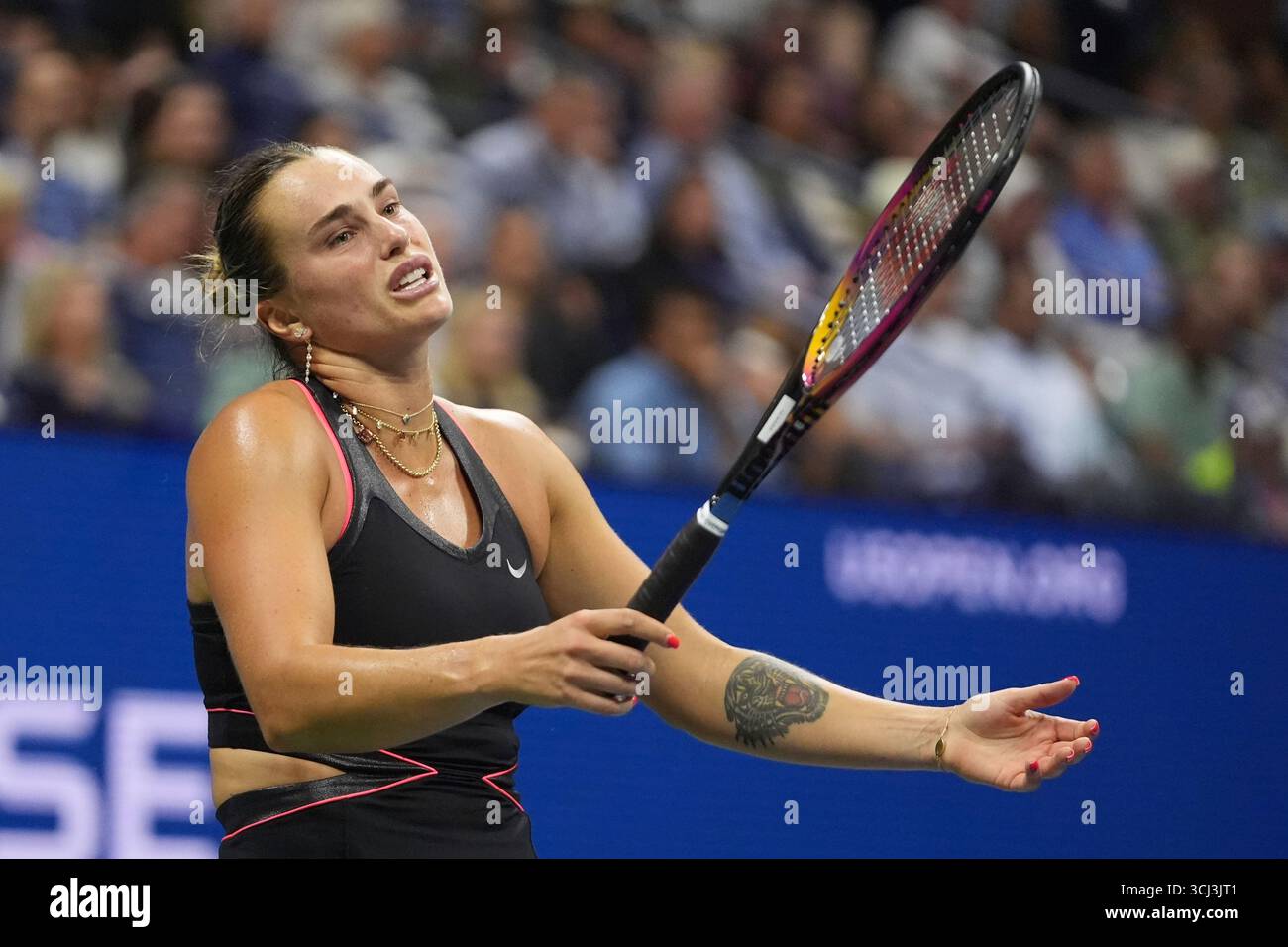 Aryna Sabalenka, of Belarus, reacts against Jessica Pegula, of the ...