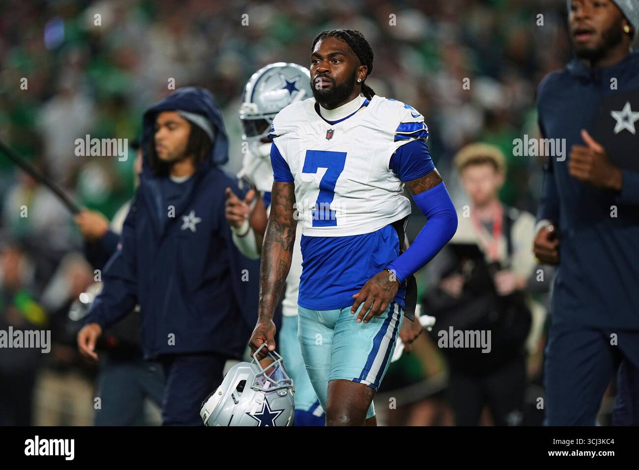 Dallas Cowboys cornerback Trevon Diggs jogs across the field before an ...
