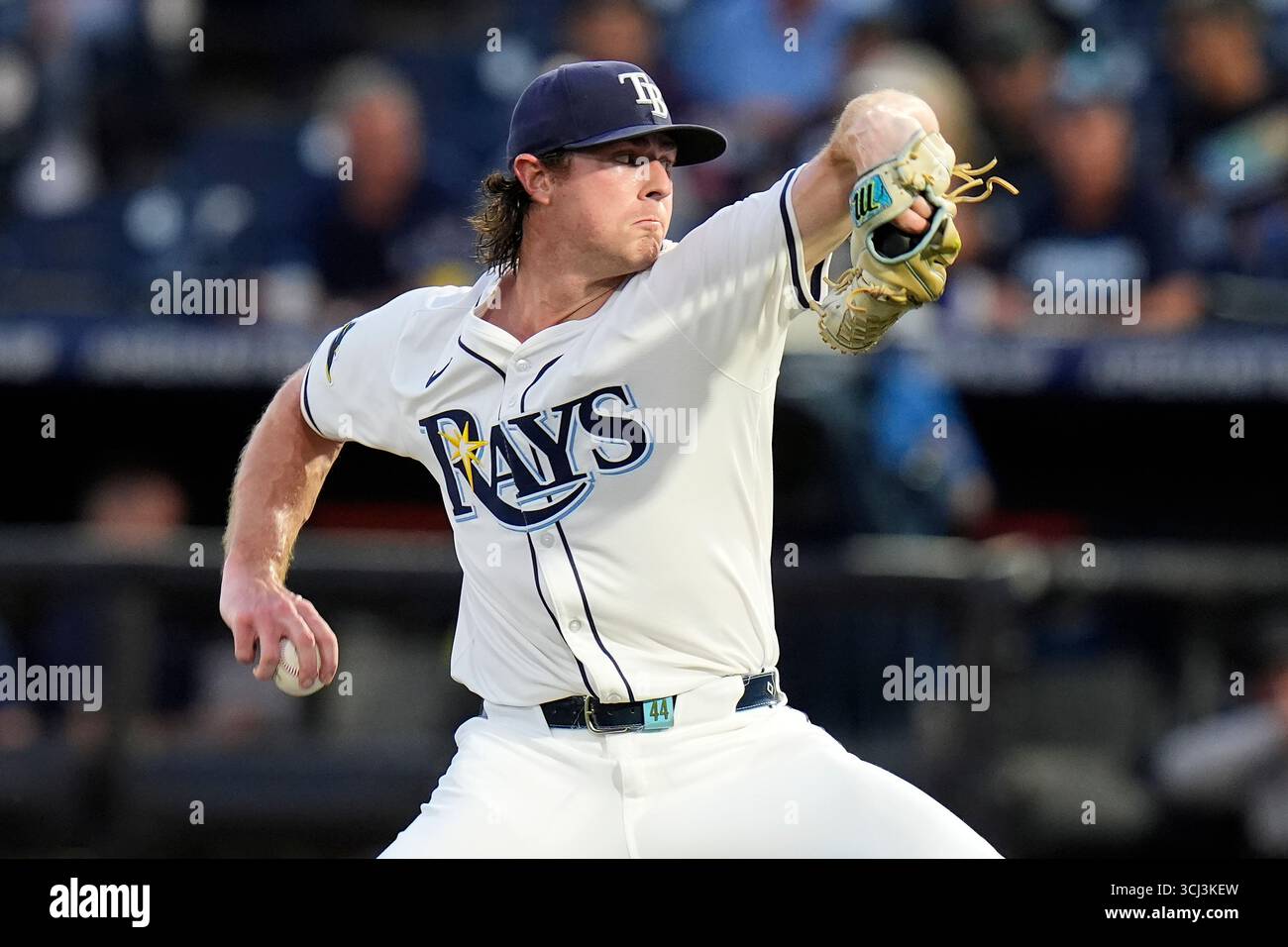 Tampa Bay Rays pitcher Ryan Pepiot delivers to the Cleveland Guardians ...