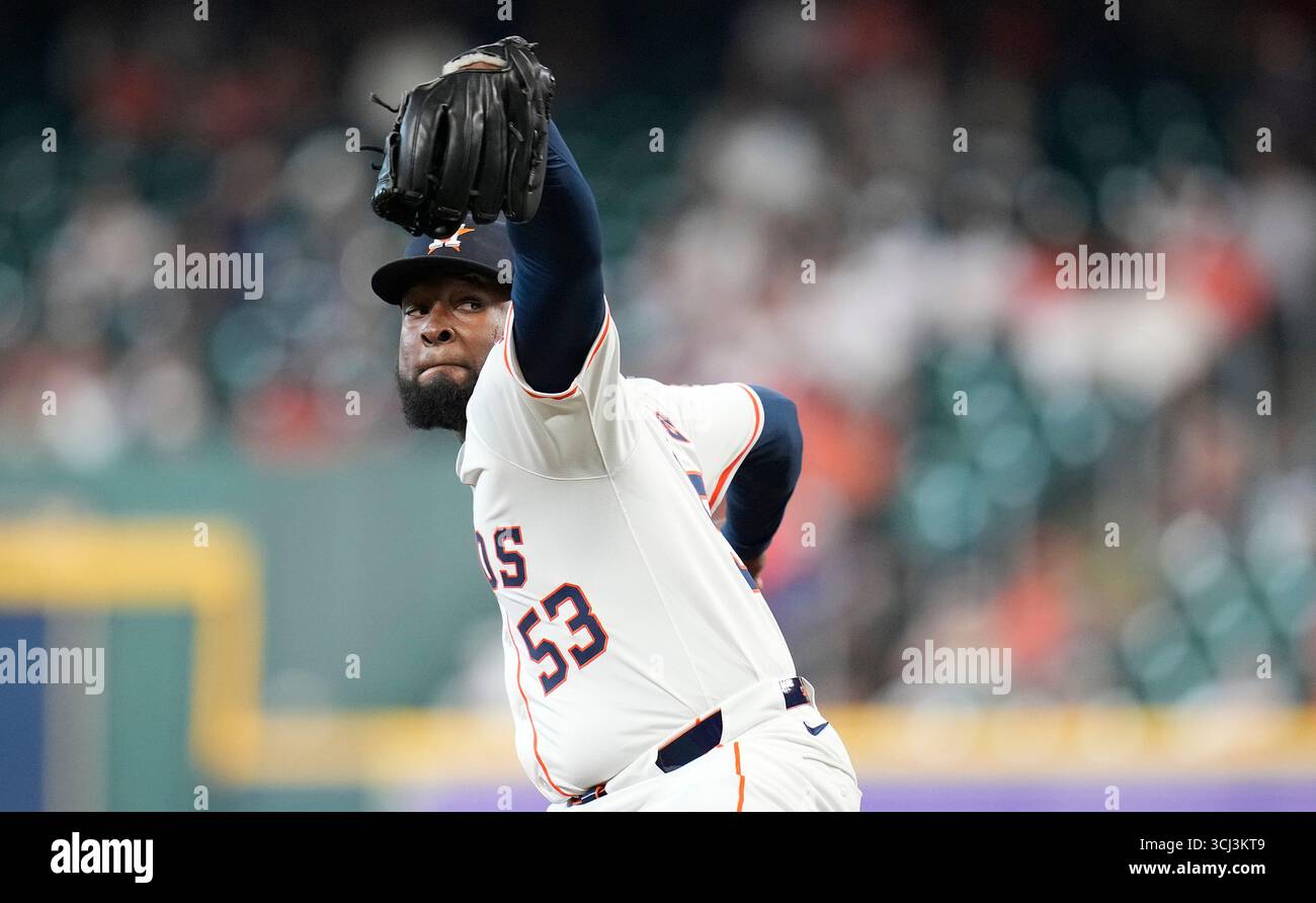 Houston Astros starting pitcher Cristian Javier throws against New York ...