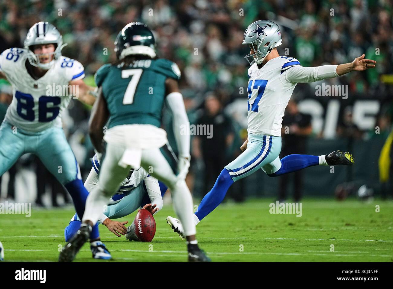 Dallas Cowboys place kicker Brandon Aubrey (17) kicks an extra point in ...