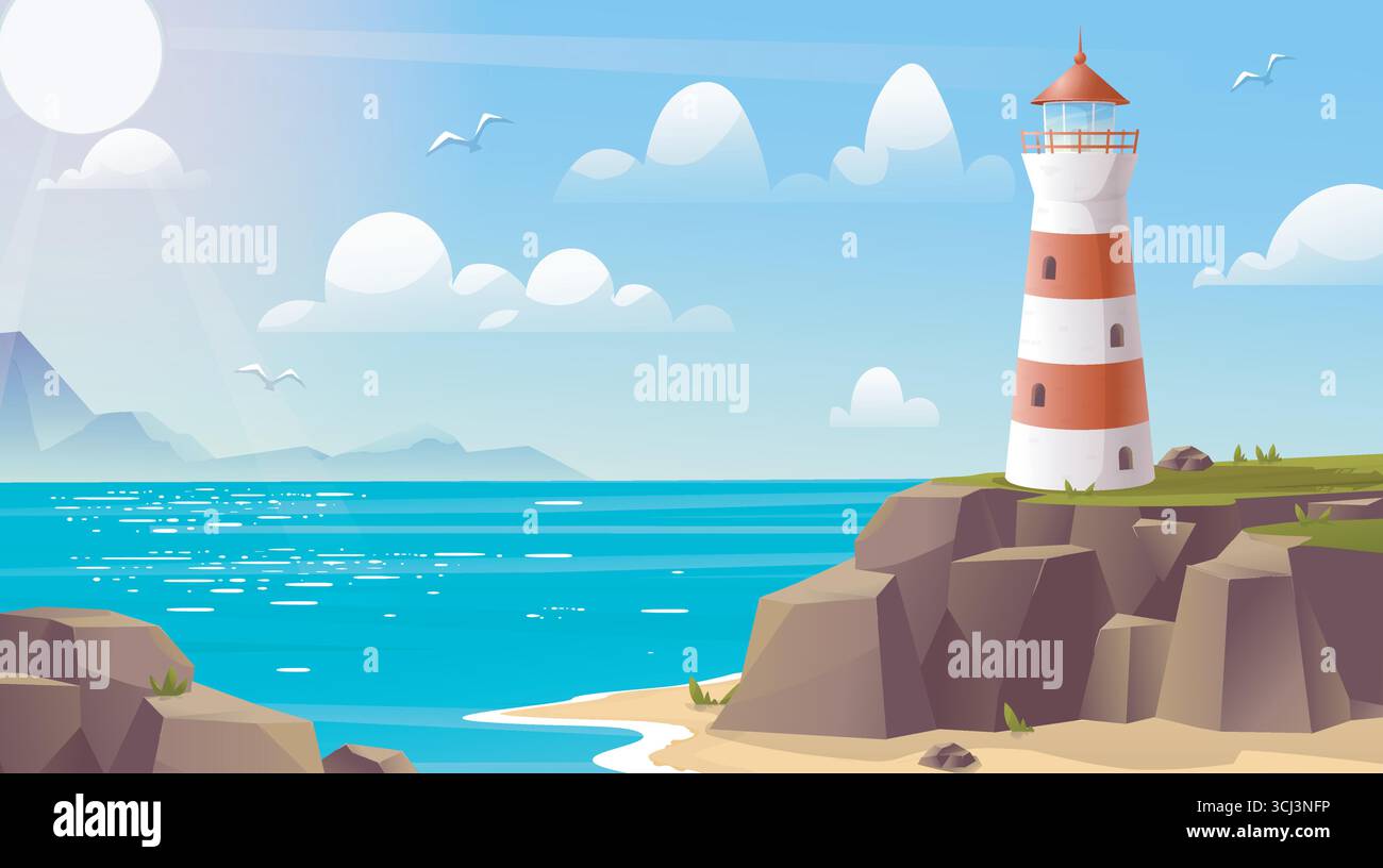 Lighthouse on shore. Red and white building on coastline. Signal for ...