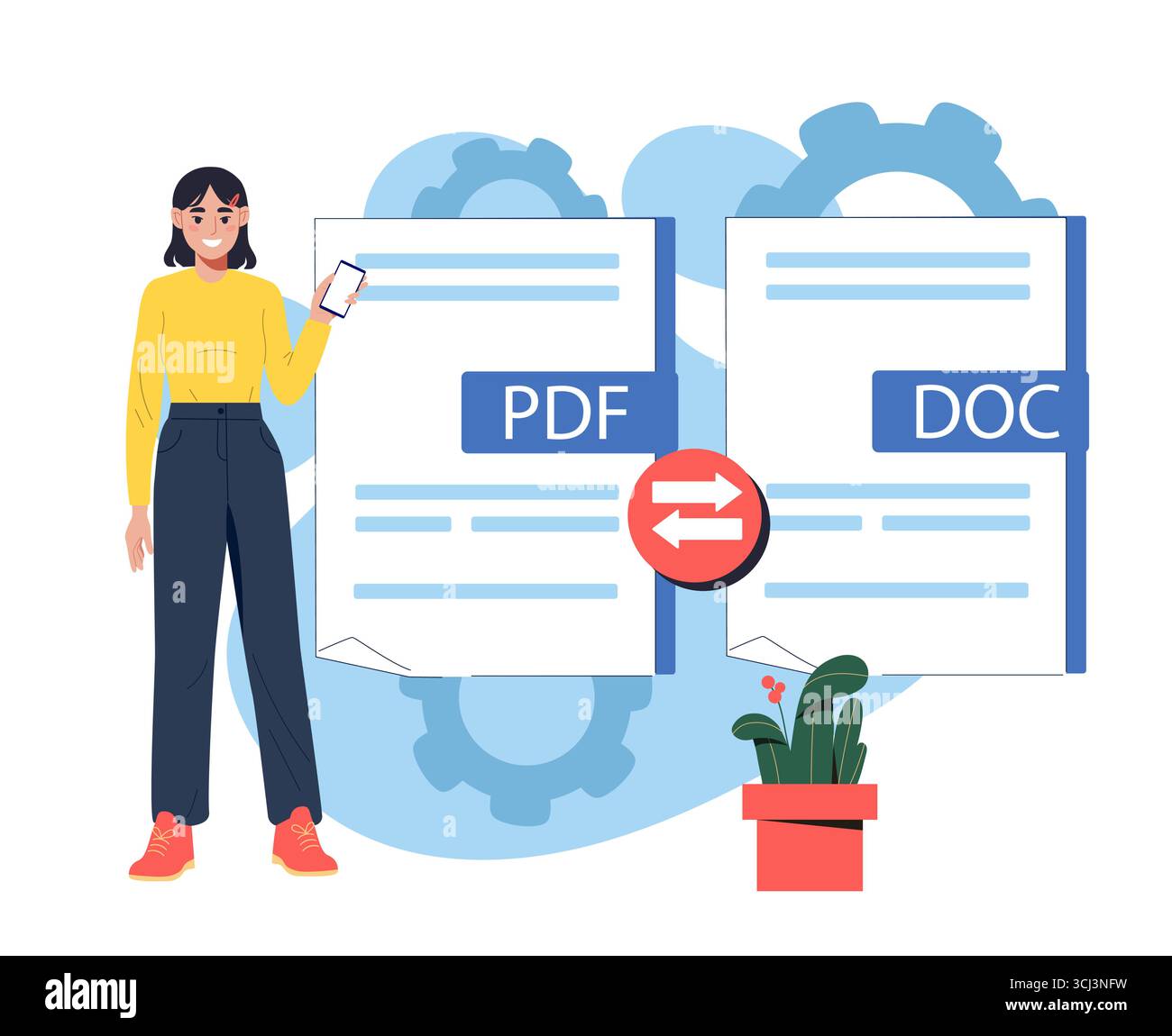 Changing document format. Woman convert files from doc to pdf. Online converter. Conversion from ...
