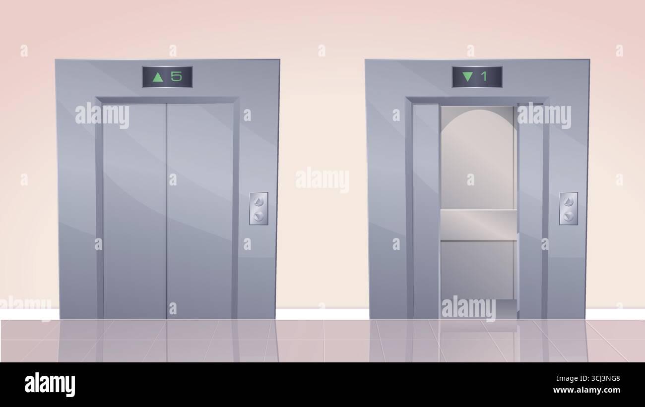 Elevator in office. Open and closed grey shiny lift doors. Interior in ...