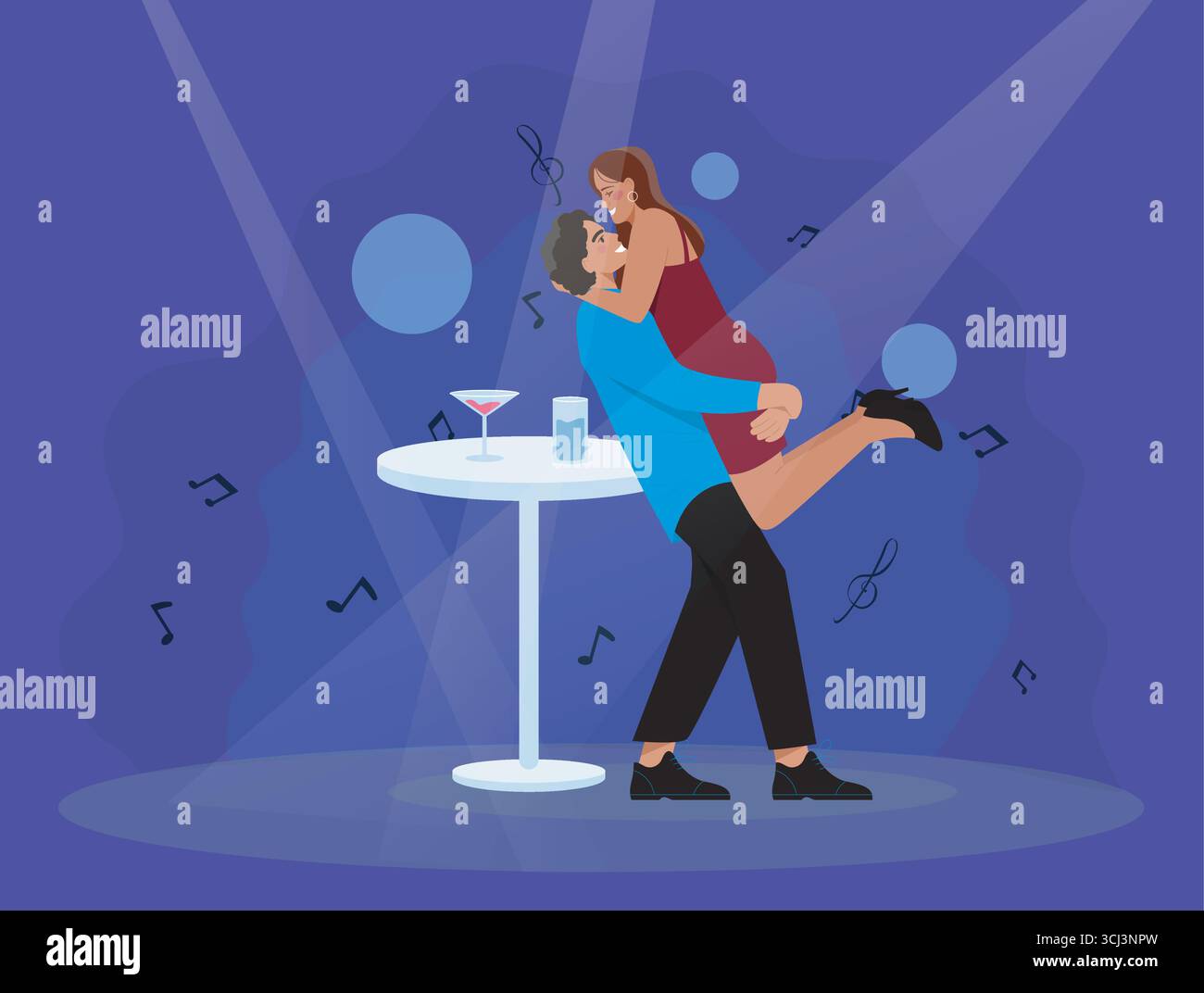 Couple at night club. Man and woman dance near table with alcoholic ...