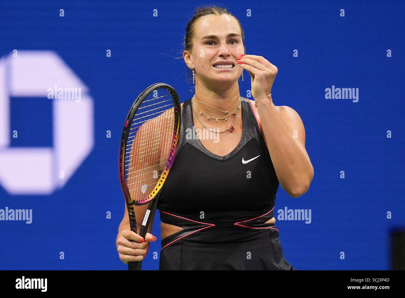 Aryna Sabalenka, of Belarus, reacts after a rally against Jessica ...