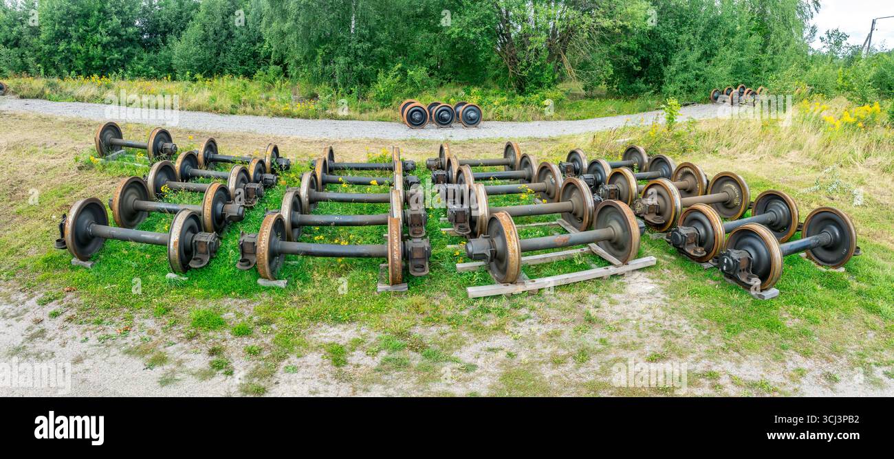 Aerial view of metal wheelsets, axles used for locomotives, train cars ...